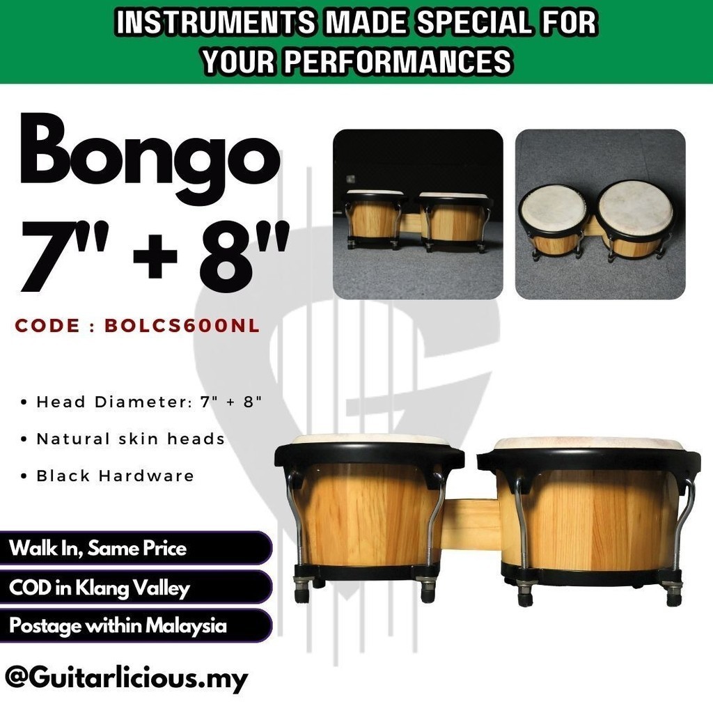 Bongo 7 inch + 8 inch with Black Hardware & Natural Skin Heads ...