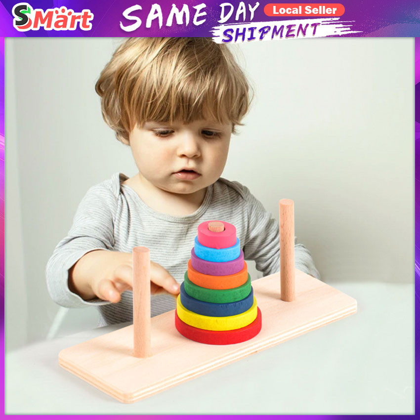Baby Wooden Trap Tower Building Blocks Of Hanoi Tower Wood Brain Teaser ...