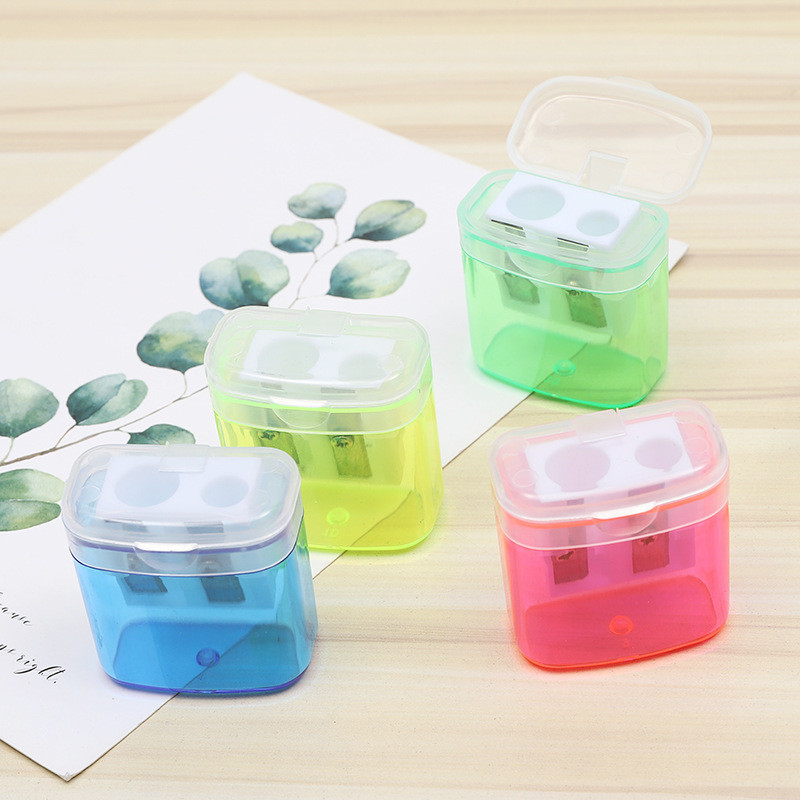 Double-Hole Pencil Sharpener Plastic Transparent with Lid Square Pencil ...