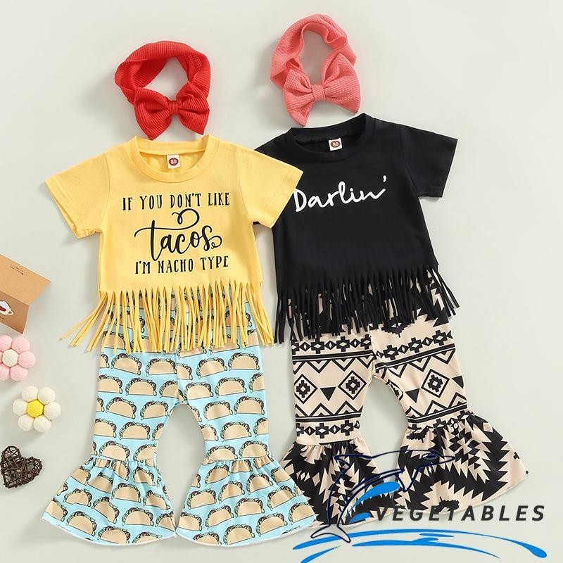 ZHY-Kids Girls Summer Outfits Letters Print Short Sleeve T-shirt with Tassels and Casual Flare ...