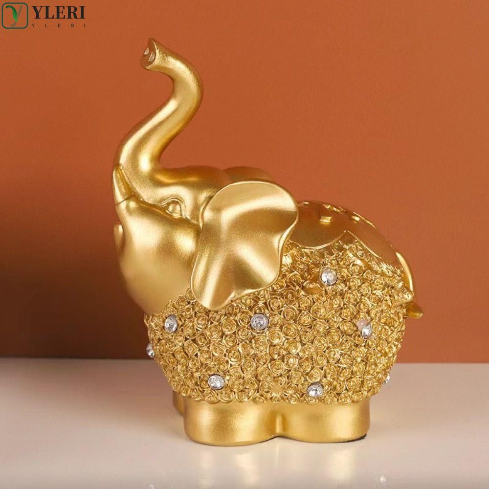 YLERI Golden Elephant Figurine, Cute Resin Crafts Lucky Elephant Statue ...