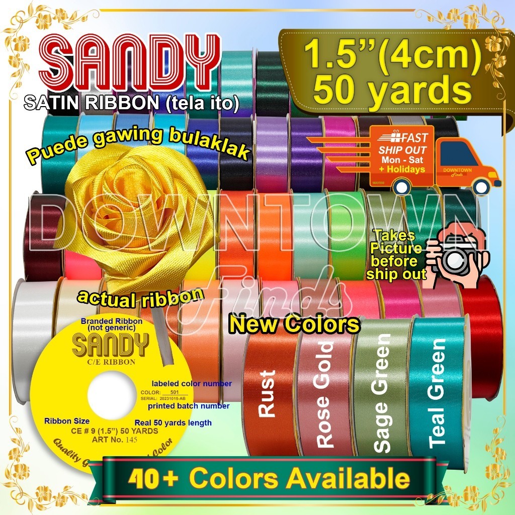 (50 yards) 4 cm Sandy Satin Ribbon Roll CE# 9 1.5 inch decorative ...