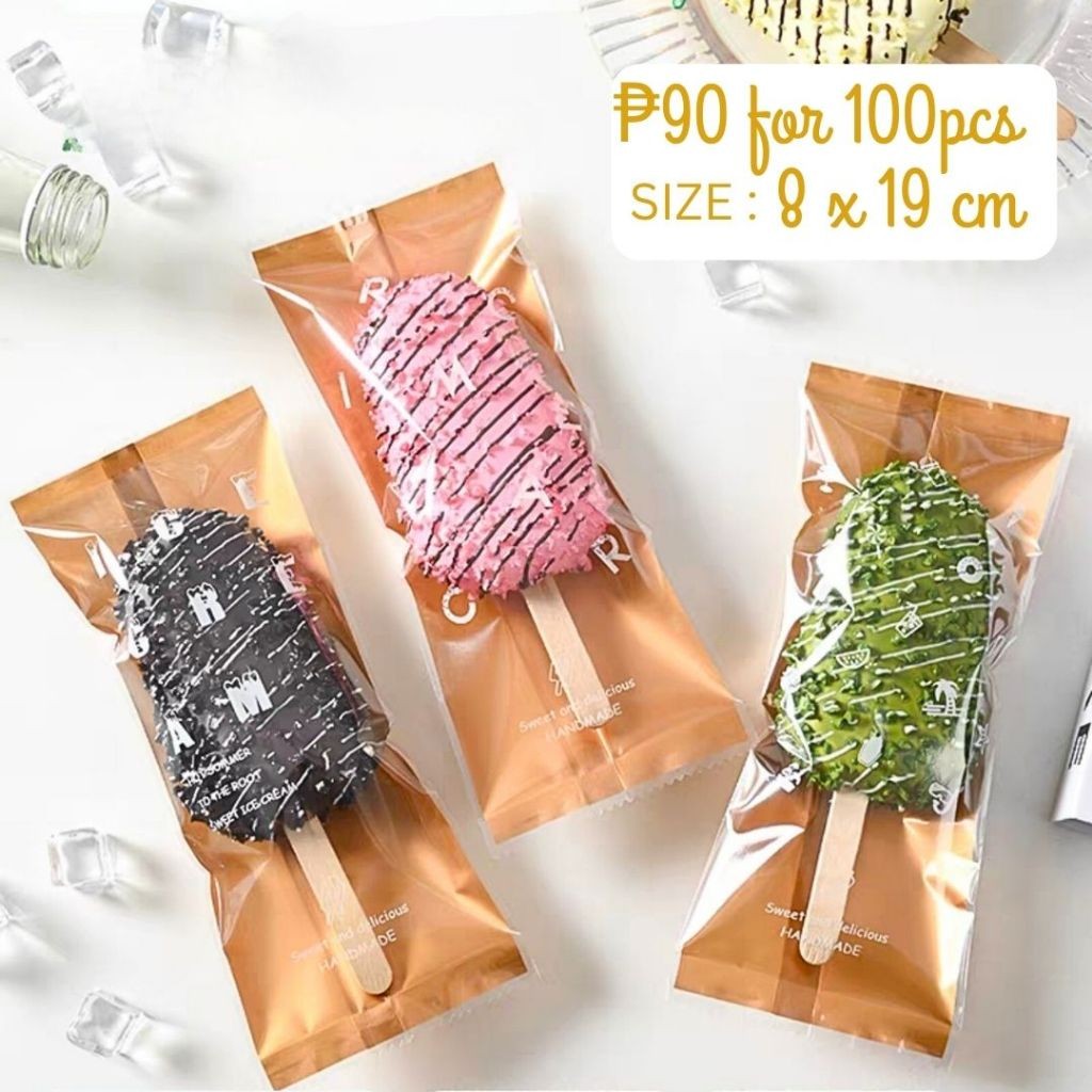 100pcs Graham Bar Packaging 8x19 Ice Cream Plastic Packaging Gold Clear ...