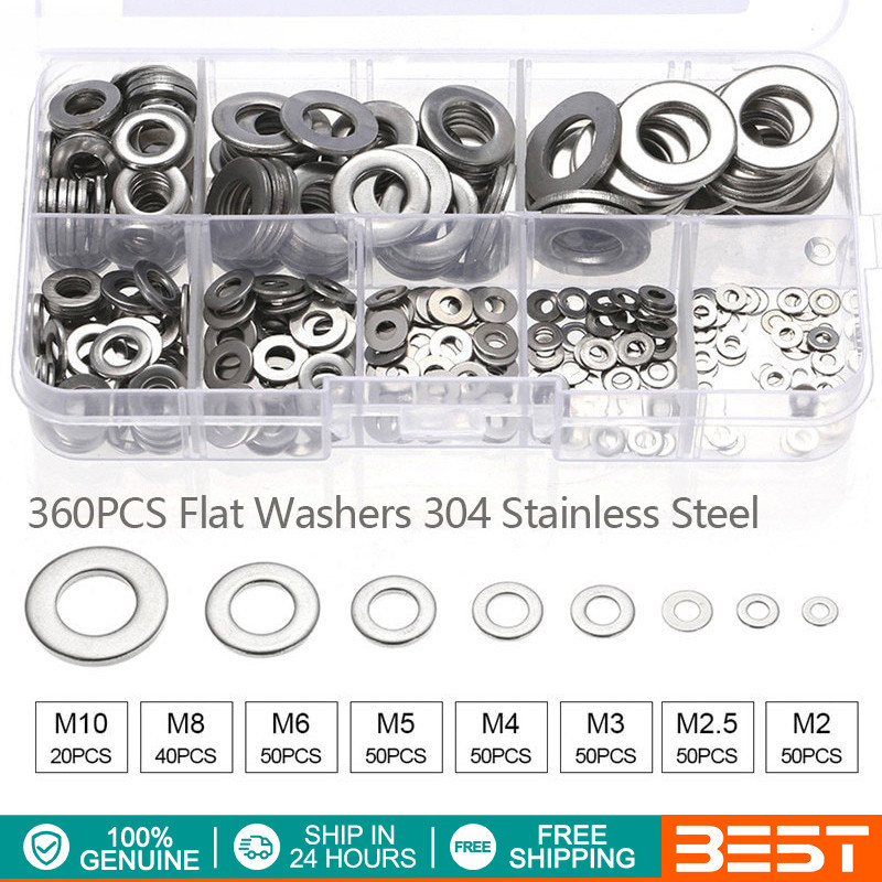 360PCS Flat Washers 304 Stainless Steel M3 M4 M5 M6 M8 M10 Flat Washer Plain Gasket Spacers Kit ...