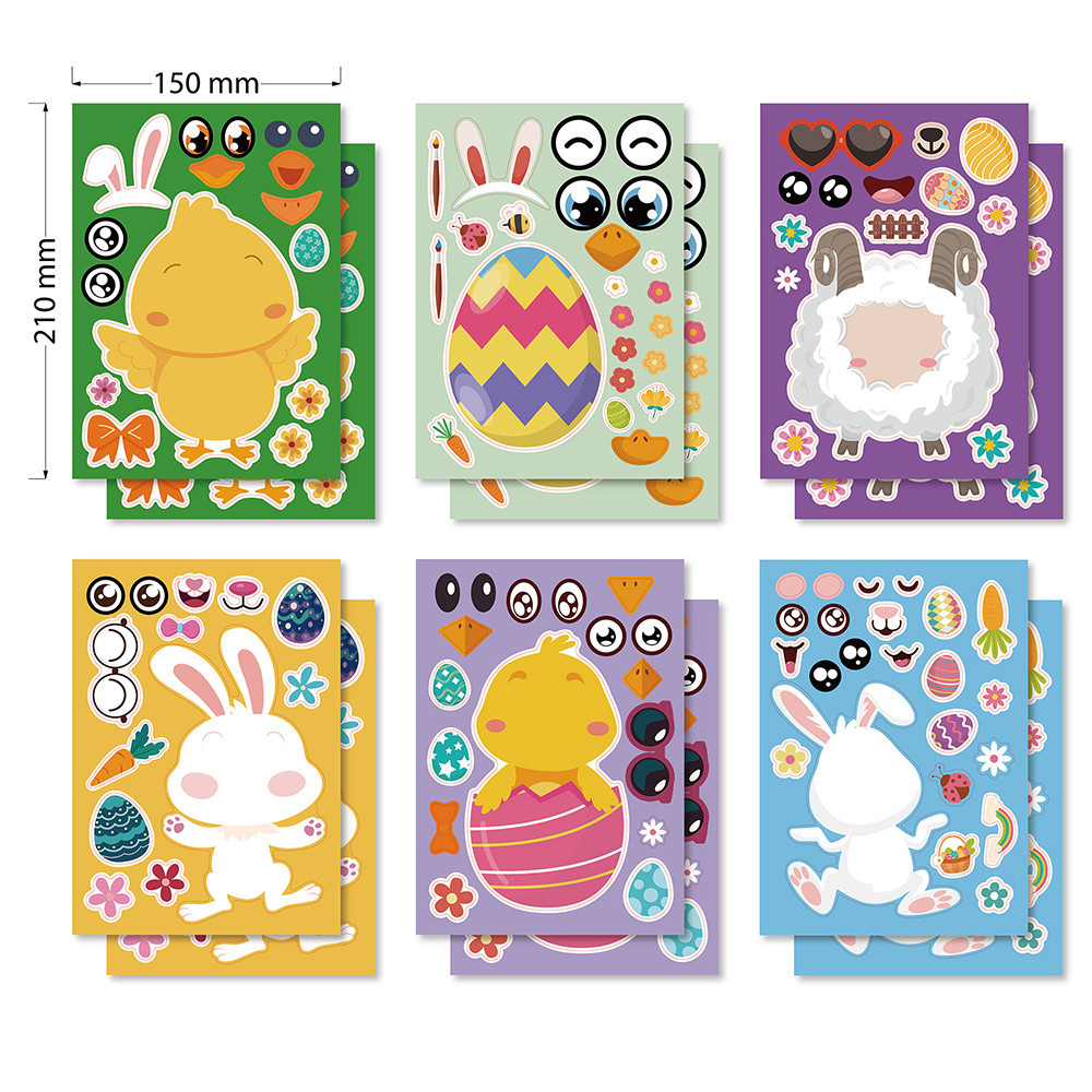 6/12Sheets Children DIY Easter Puzzle Stickers Cute Animals Cartoon ...