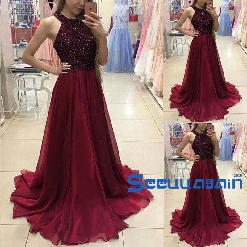 SEE-Women Evening Dress Halter Rhinestone Backless Floor-Length Formal ...