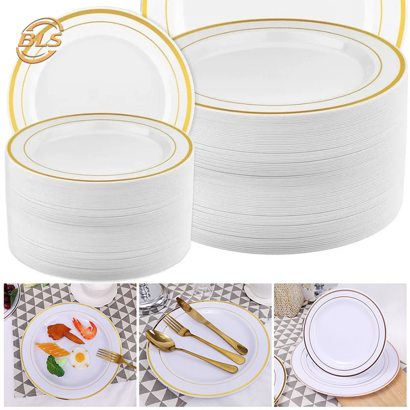 1Pc Food Grade Party Dinner Disposable Plastic Plates White Gold Rim ...