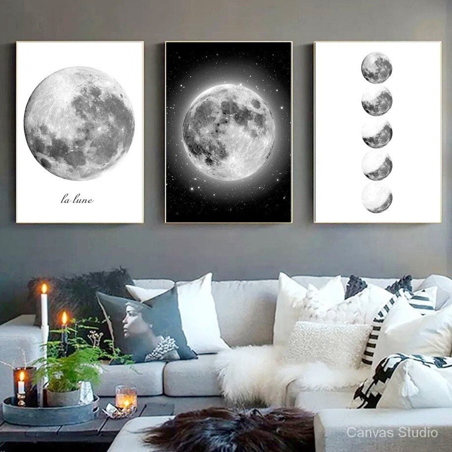 Nordic style black white moon planet Moon canvas painting poster for ...