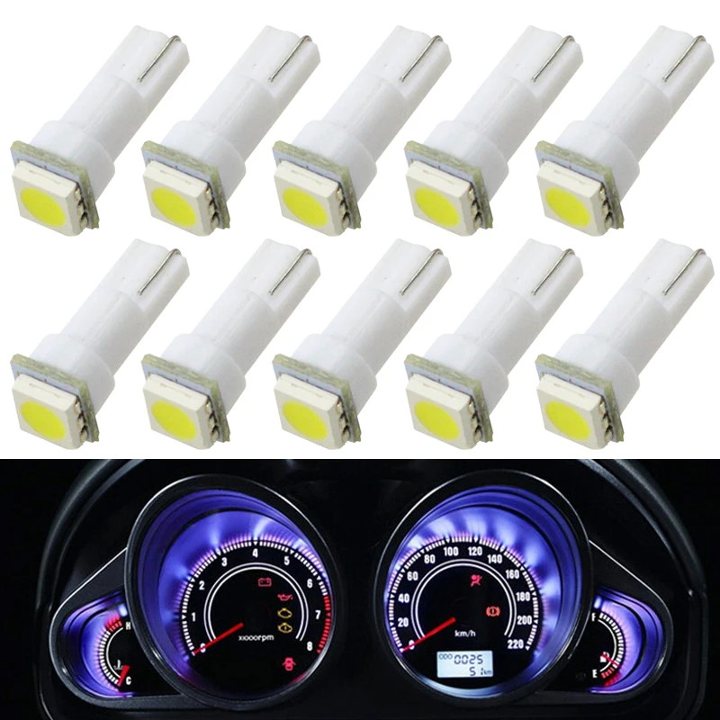 10 PCS T5 LED Bulbs 12V 5050 1-SMD 7000K White Car Interior Maps Dashboard Instrument Panel ...