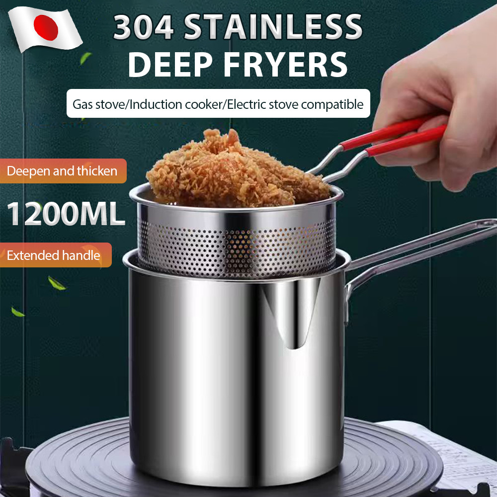 Deep Fryer Pan with Strainer 1.2L Stainless Steel Deep Fryer Pot Heavy ...