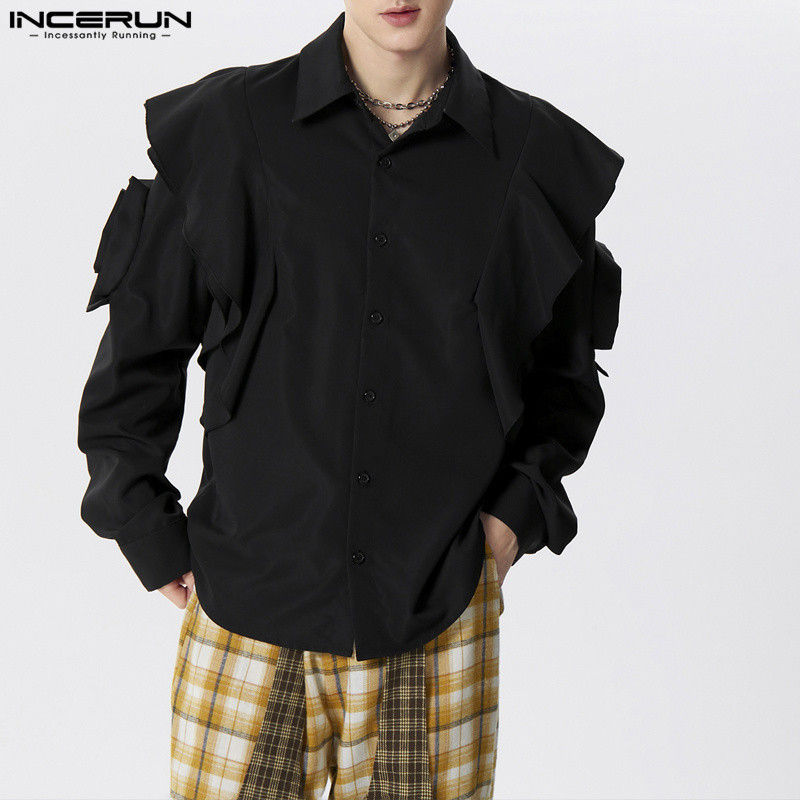 INCERUN Men Vintage Long Sleeve Ruffle Shoulder Cubic Plate Flower ...