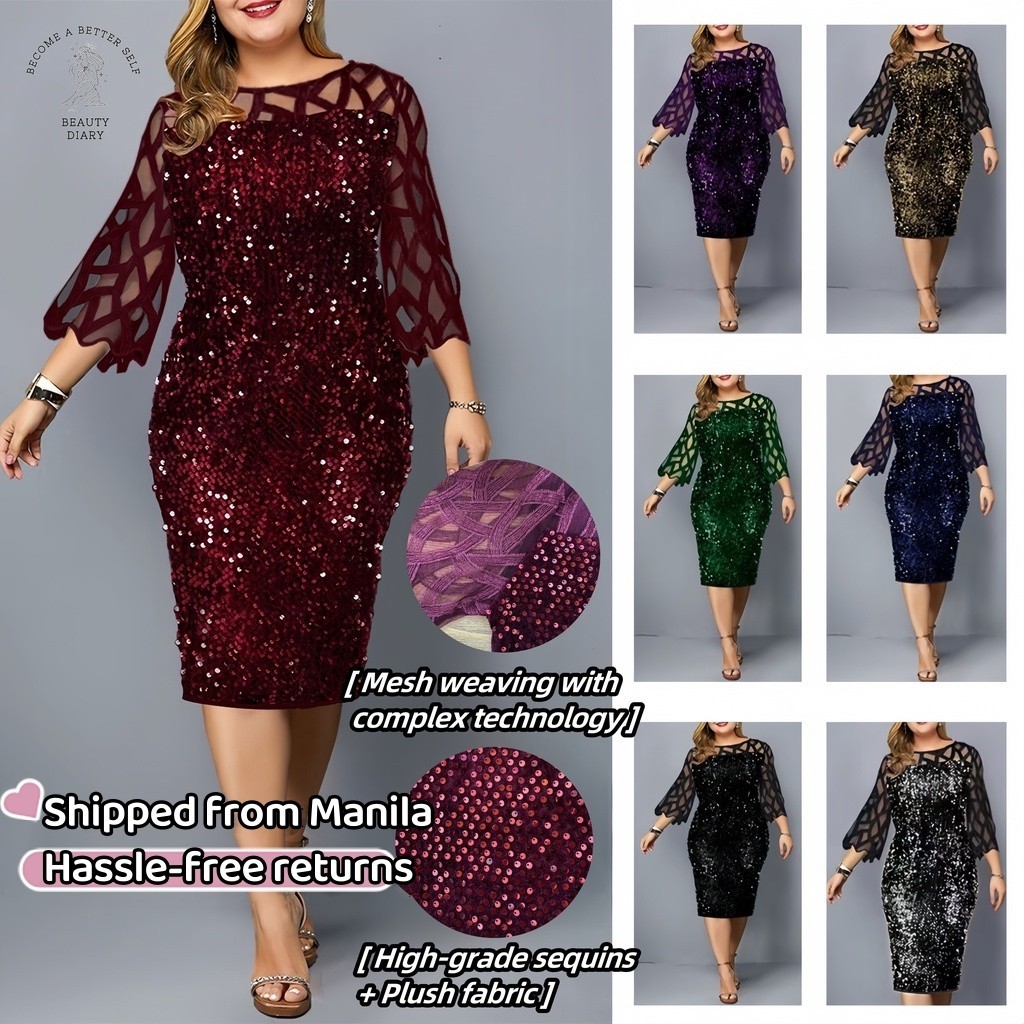 {Shipped From Manila+COD} Elegant Formal Dress for Woman Sequin Glitter Cocktail Party Plus Size ...