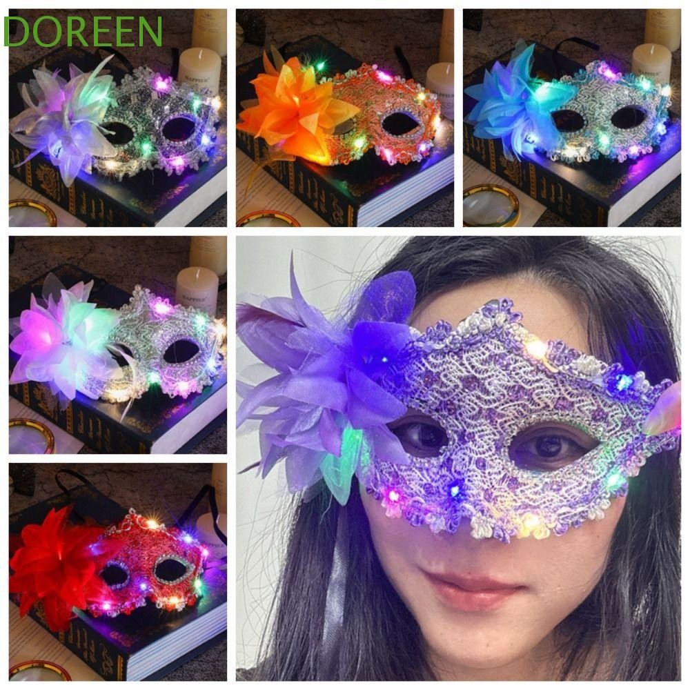 DOREEN LED Glowing Mask, Plastic Lace Feather Flower Mask, Queen Light ...
