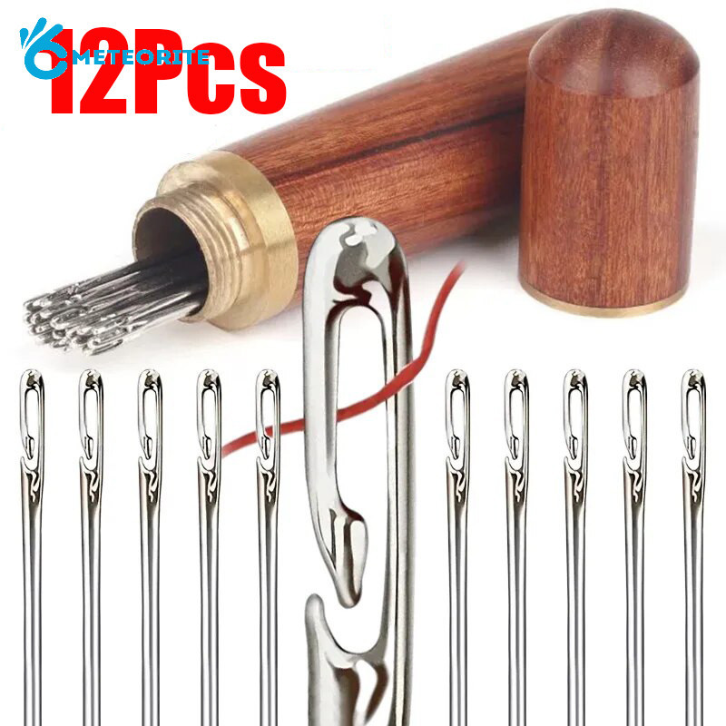 12 Pcs/ Kit Convenient Practical Side Hole Opening Stainless Steel Sewing Needle Old Man Blind ...