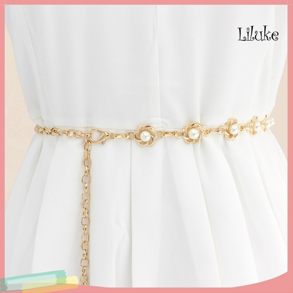 LK--Metal Waist Chain Flower Pearl Inlaid Belt for Women Adjustable ...