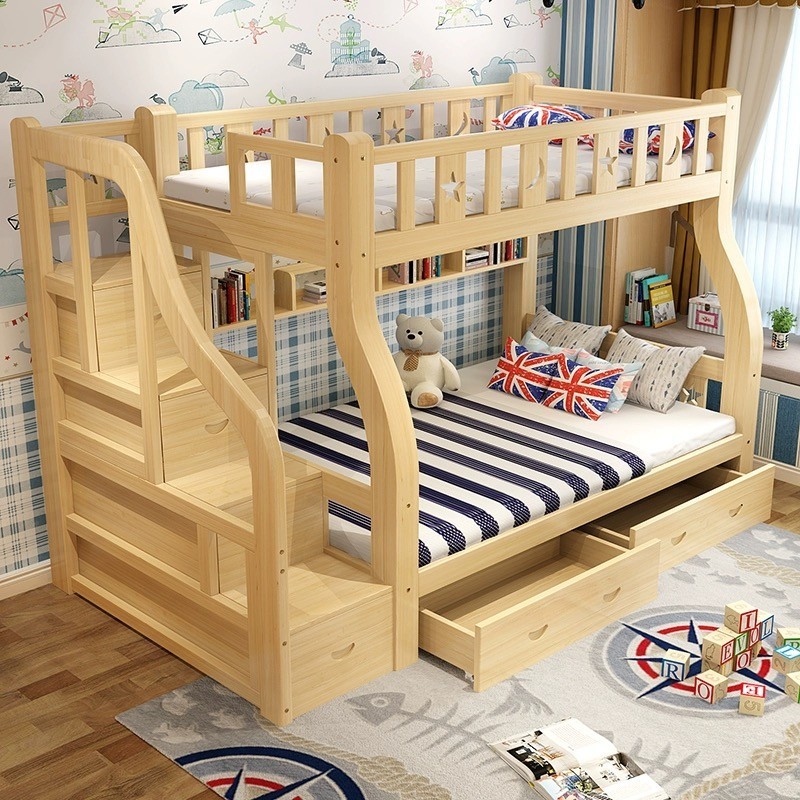 Kids Solid Wood Double Decker Bunk Bed Frame Drawers Katil Budak Kayu 2 ...