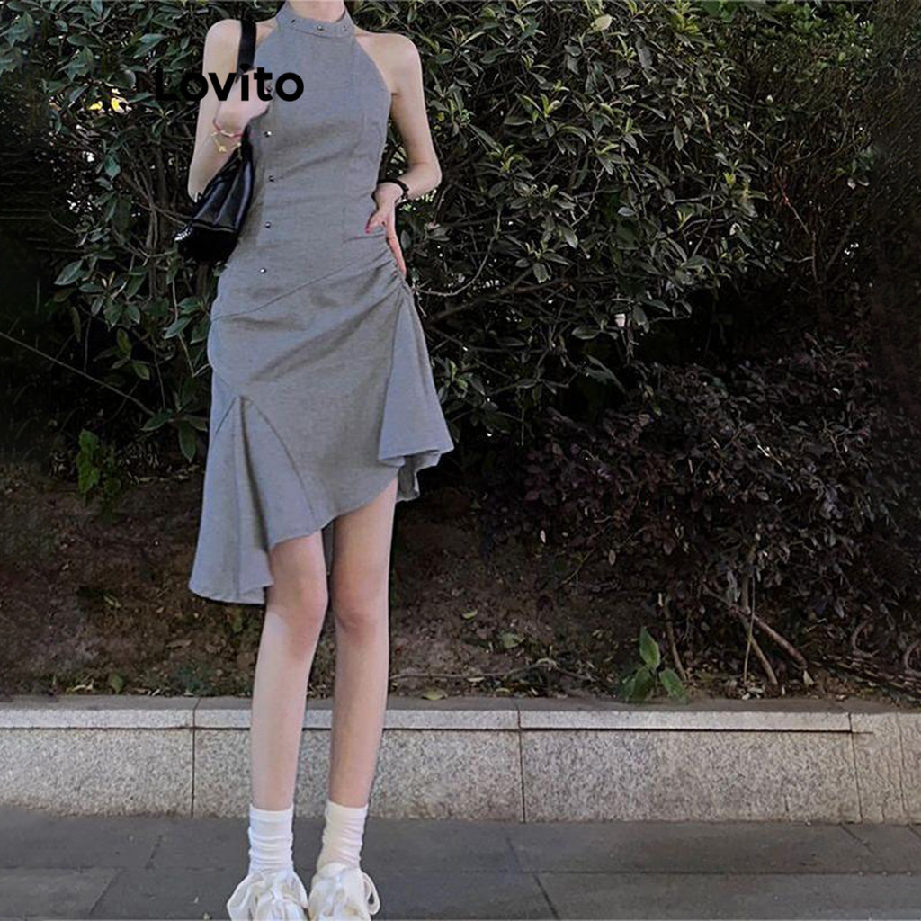 Lovito Women Casual Plain Asymmetrical Button Front Ruched Dress