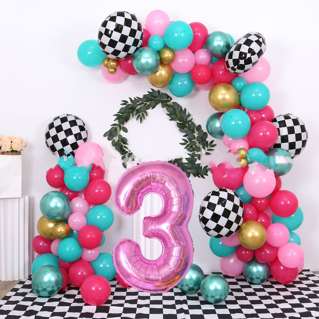 Race Car Theme Balloon Checker Foil Red Black Latex Balloons For Racing ...