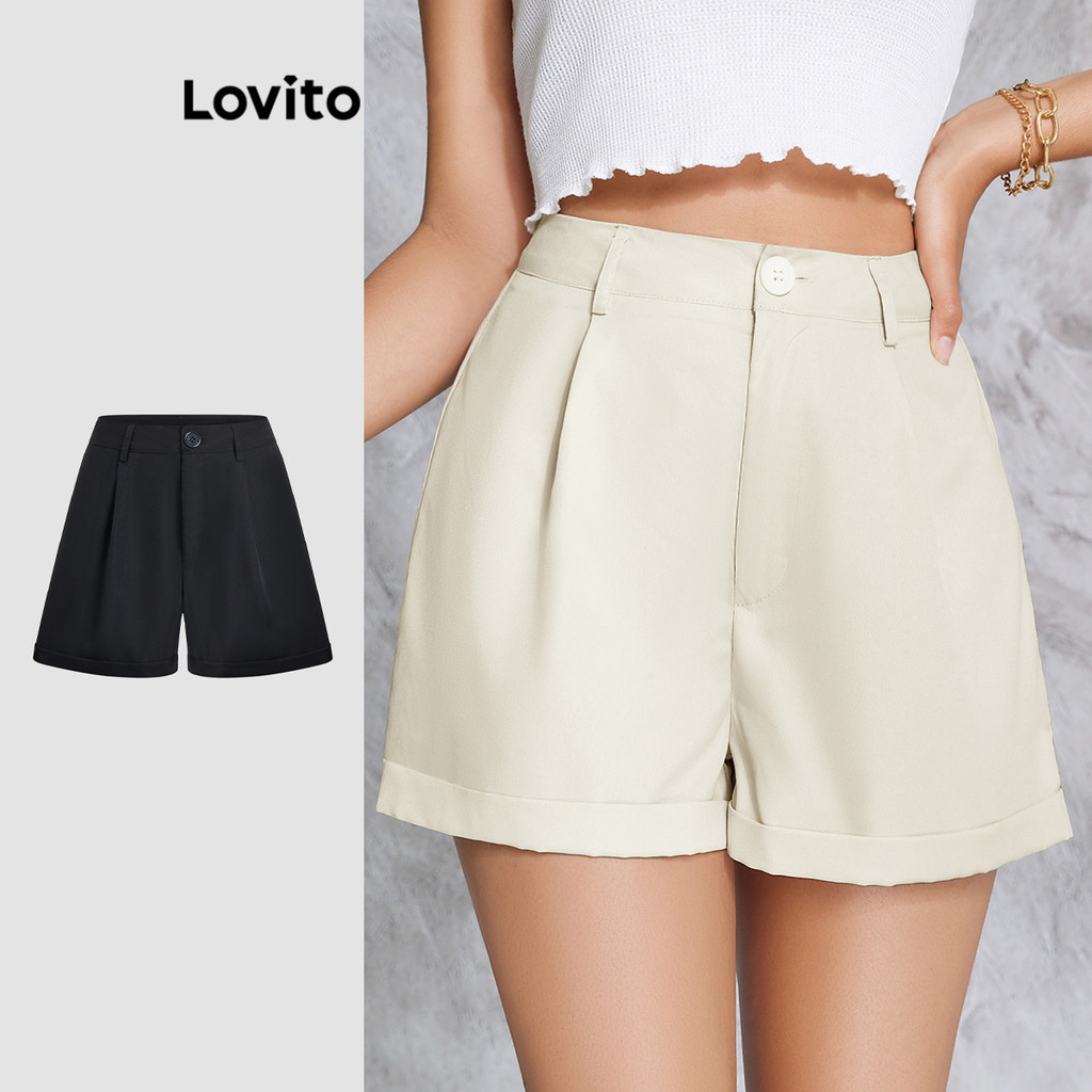 Lovito Women Casual Shorts Plain Button Roll Up Shorts LBE02011 ...