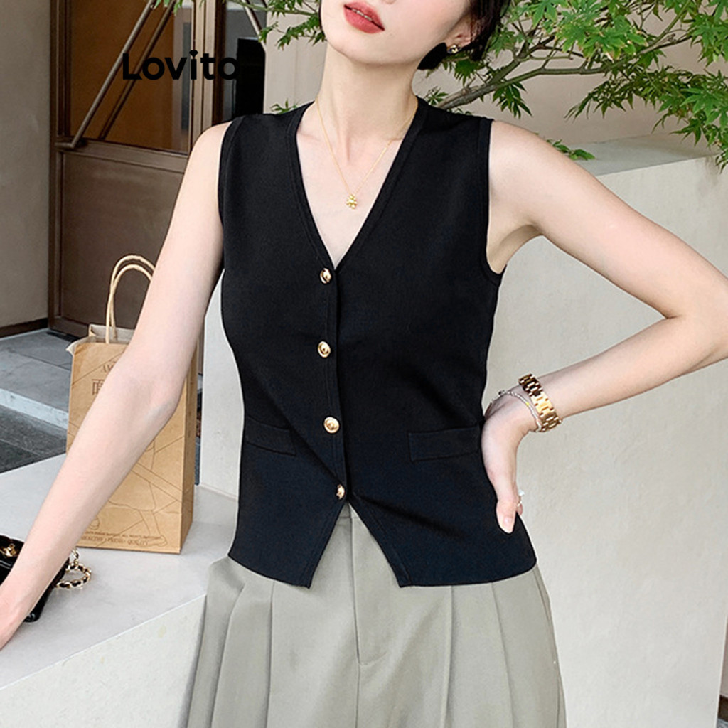 Lovito Women Casual Plain Button Tank Top L77ED071 | Shopee Philippines