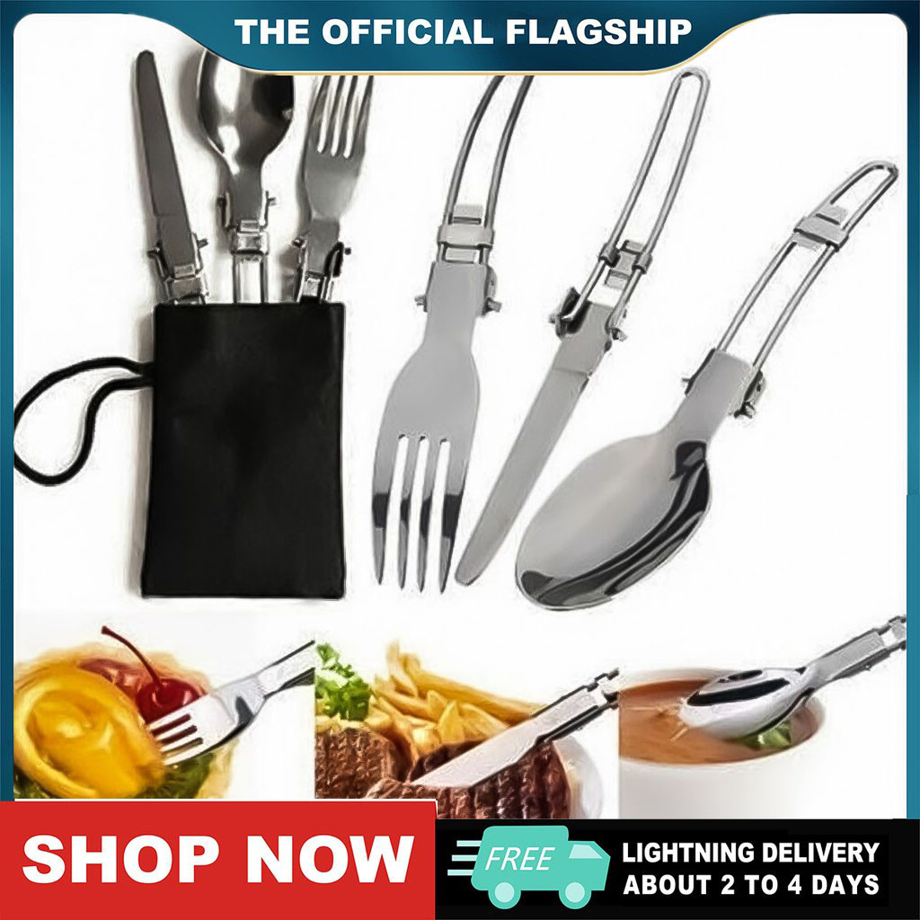 3pcs/set Outdoor Camping Dinnerware Portable Stainless Steel Foldable Spoon Fork Set Travel ...