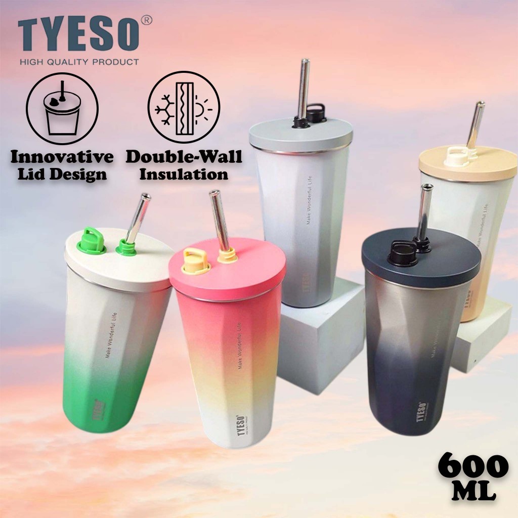 Tyeso Coffee Mug Vacuum Insulated Bottle Tumbler with Straw Stainless Steel Water Bottle (600ML ...