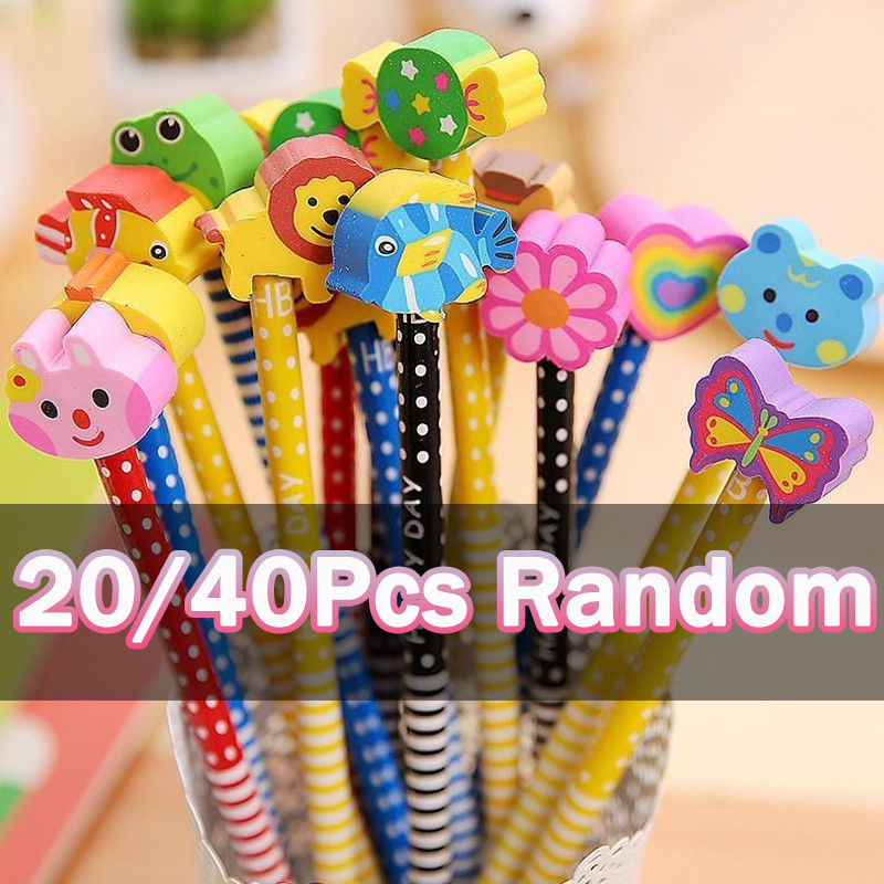 Cartoon 20/40Pcs Random Pencil with Cute Eraser Children School ...