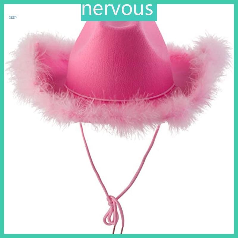 NERV Fashion Pink Cowgirl Hat Fluffy Feather Brim Cowboy Hat Western ...