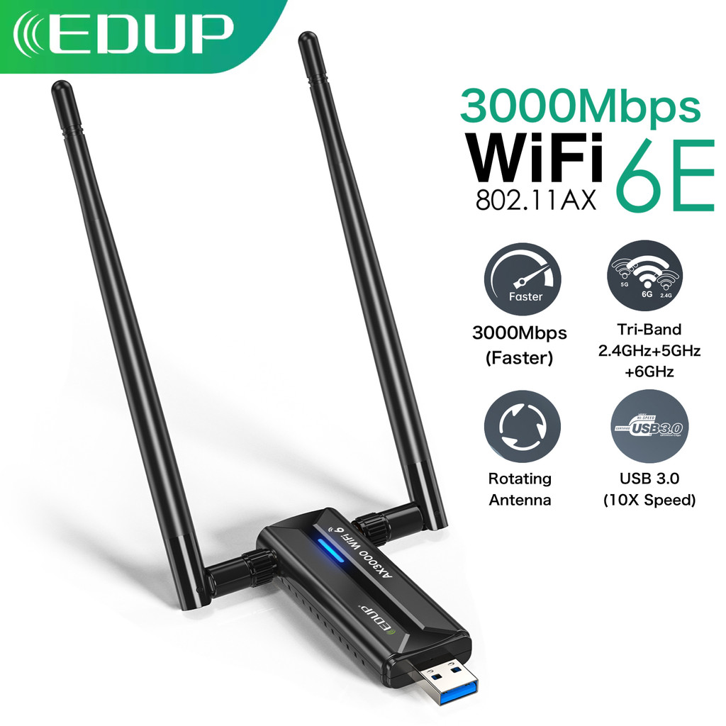 EDUP WiFi 6E Wireless Network Card 3000Mbps USB 3.0 WiFi Adapter Tri-Band 2.4G 5G 6G High Gain ...
