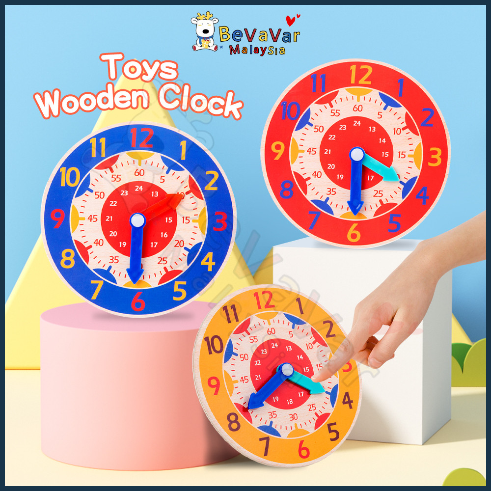 Bevavar Wooden Clock Toys Cognition Hour Minute Second Colorful Toys ...