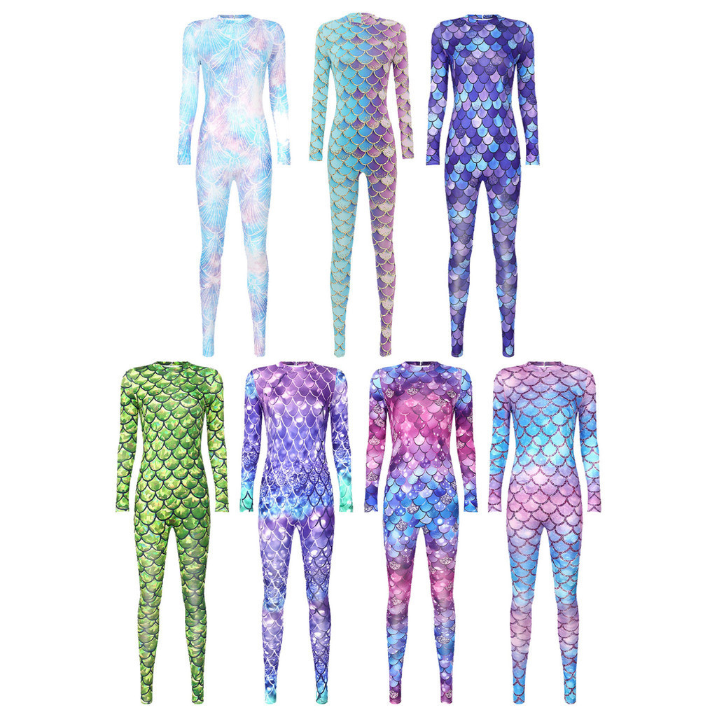 inhzoy Womens Mermaid Cosplay Fish Scale Print Jumpsuit Long Sleeve ...