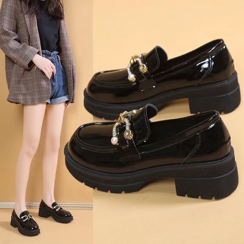 Loafers women's platform elevation leather shoes patent leather British ...
