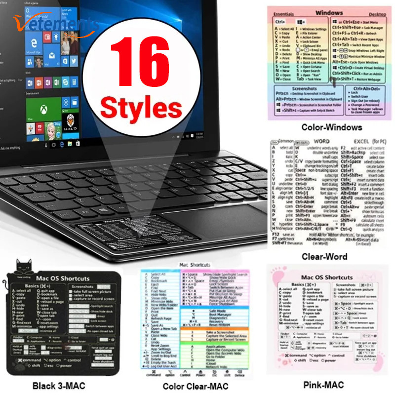 16 Style DIY Shortcut Key Tips Stickers for Laptop Keyboard Tablet ...