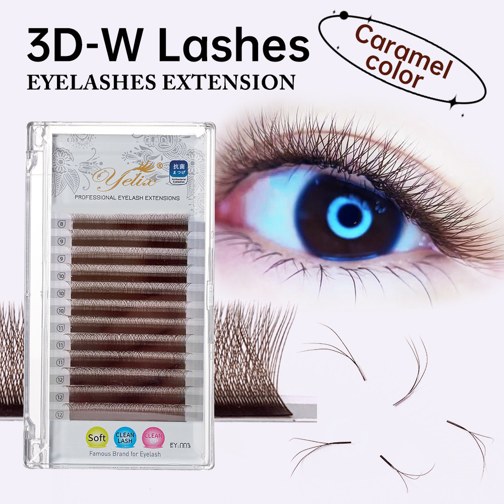 YELIX Brown 3D W Lash Extension Premade Fans Volume Eyelash Extensions Clover W Shape Natural ...