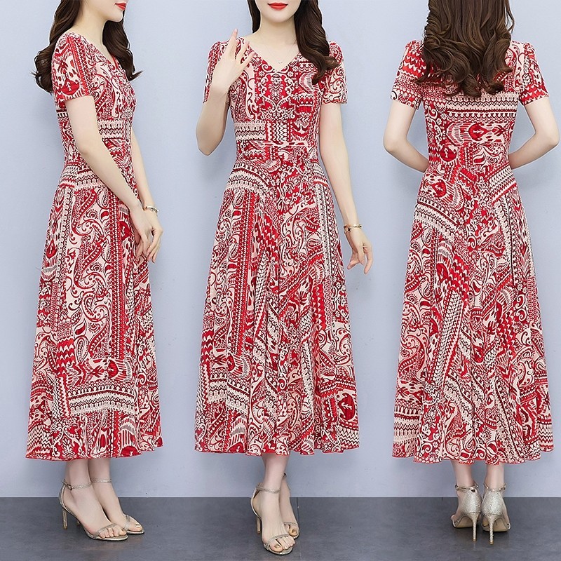 MERAH FANMU New red patterned dress/big skirt/long dress/party dress ...