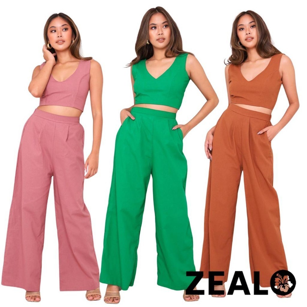 ZEALO Abigail Sleeveless V-Neck Crop Top Wide Leg Pants Terno ...
