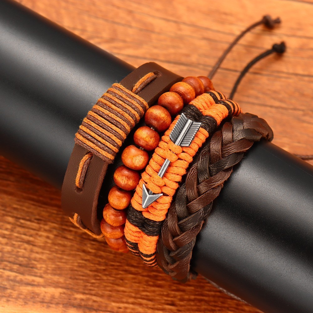 4 Pcs Bohemian Punk Arrow Braided Leather Bracelet Set Retro Wood ...