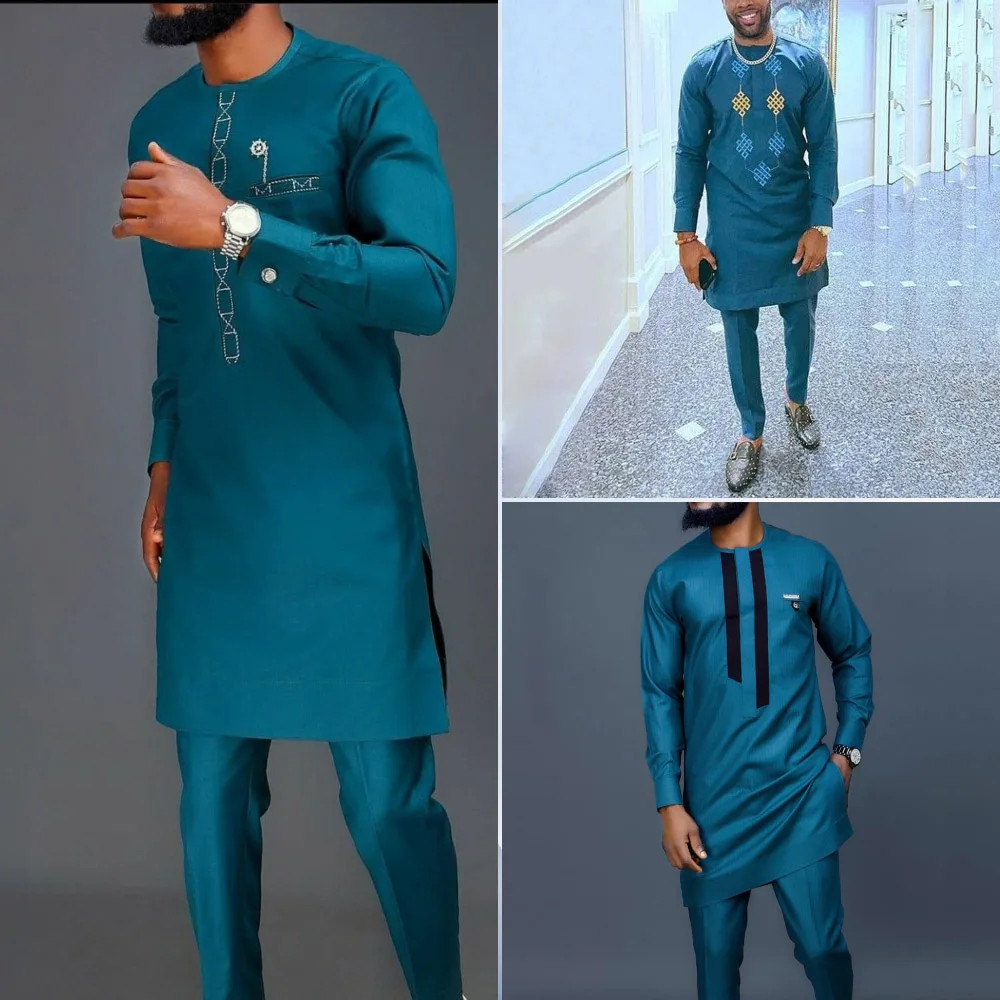 Summer African Men's Traditional Elegant Suits Outfit Dashiki 2Pcs ...