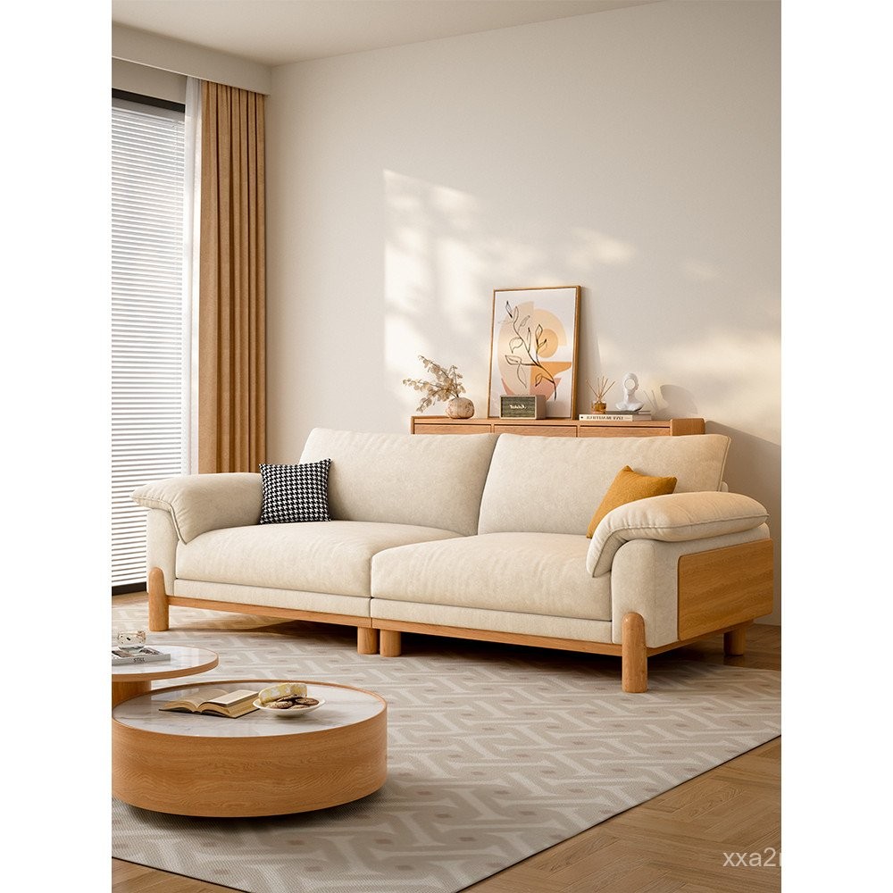Modern Simplicity2025Foshan New Japanese Style Solid Wood Fabric Sofa Tofu Block Cream Living ...