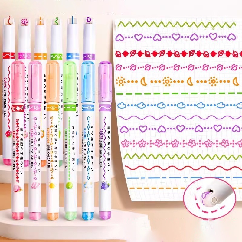 HS. 6pcs/set Linear Curve Highlighter Color Pen Roller Tip Curve Liner ...