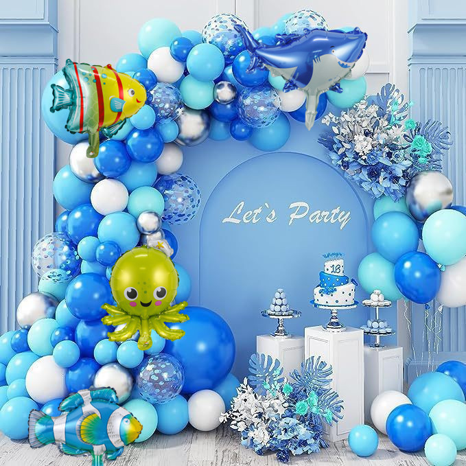Ocean Theme Balloons Set Fish Octopus Shark Foil Balloon Blue Number ...