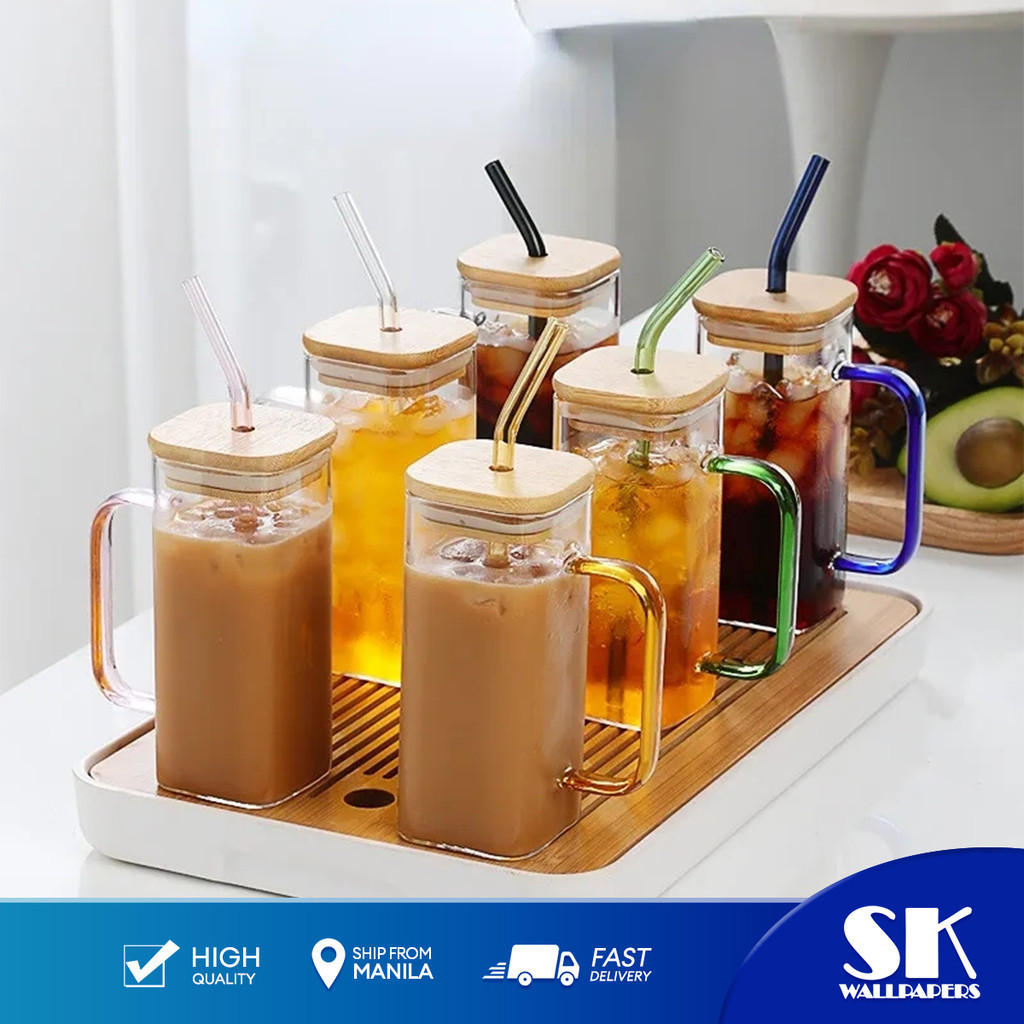 SK Wall Square Drinking Cups with Bamboo Lids, Handles and Colorful ...