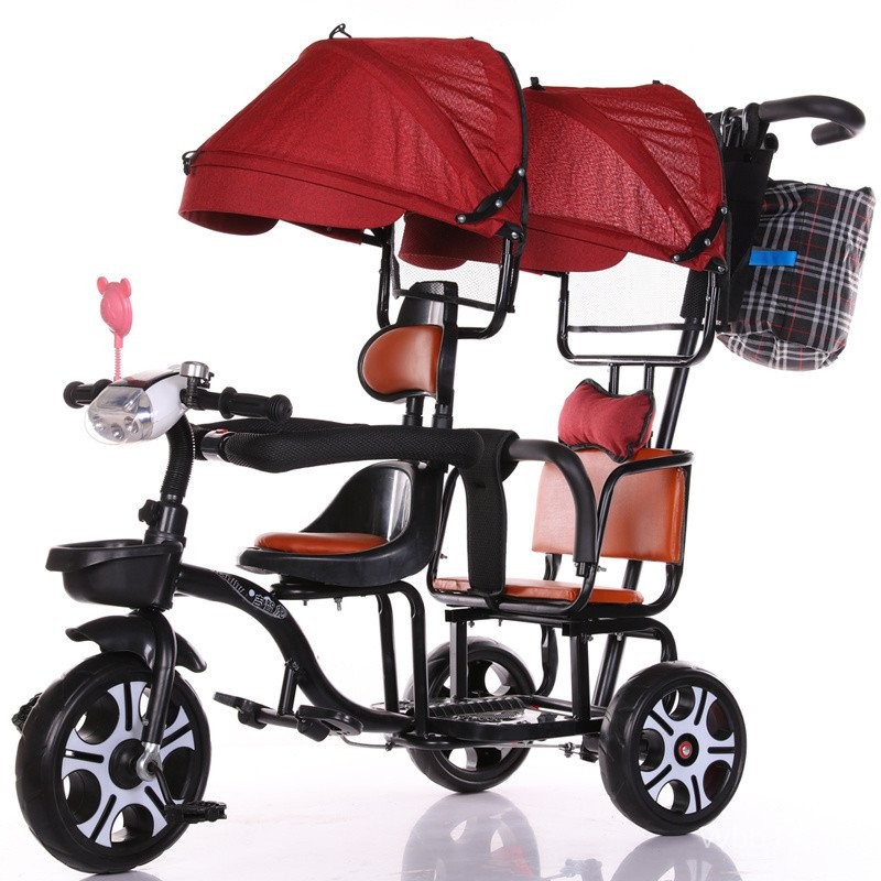 Children's Three-Wheeled Stroller Double Push Three-Wheeled Twin Large ...