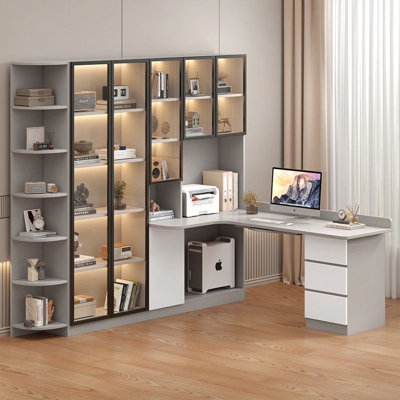 Solid Wood Light Luxury Corner Desk Bookshelf Integrated Computer Desk ...
