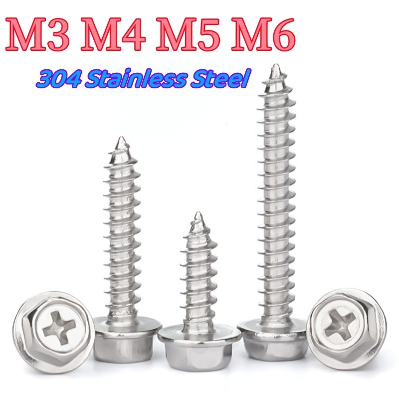 304 Stainless Steel Cross Recessed Hexagonal Screw M3 M4 M5 M6 Cross ...