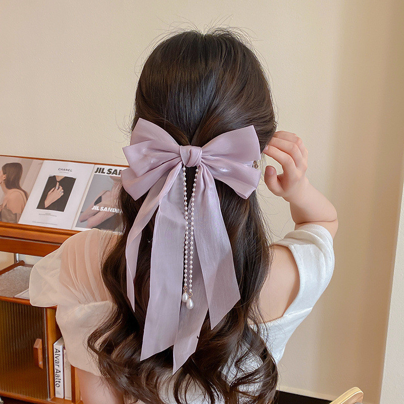 2024 Three-Layer Bow Pearl Tassel Hair Clip Female Streamer Spring Clip ...