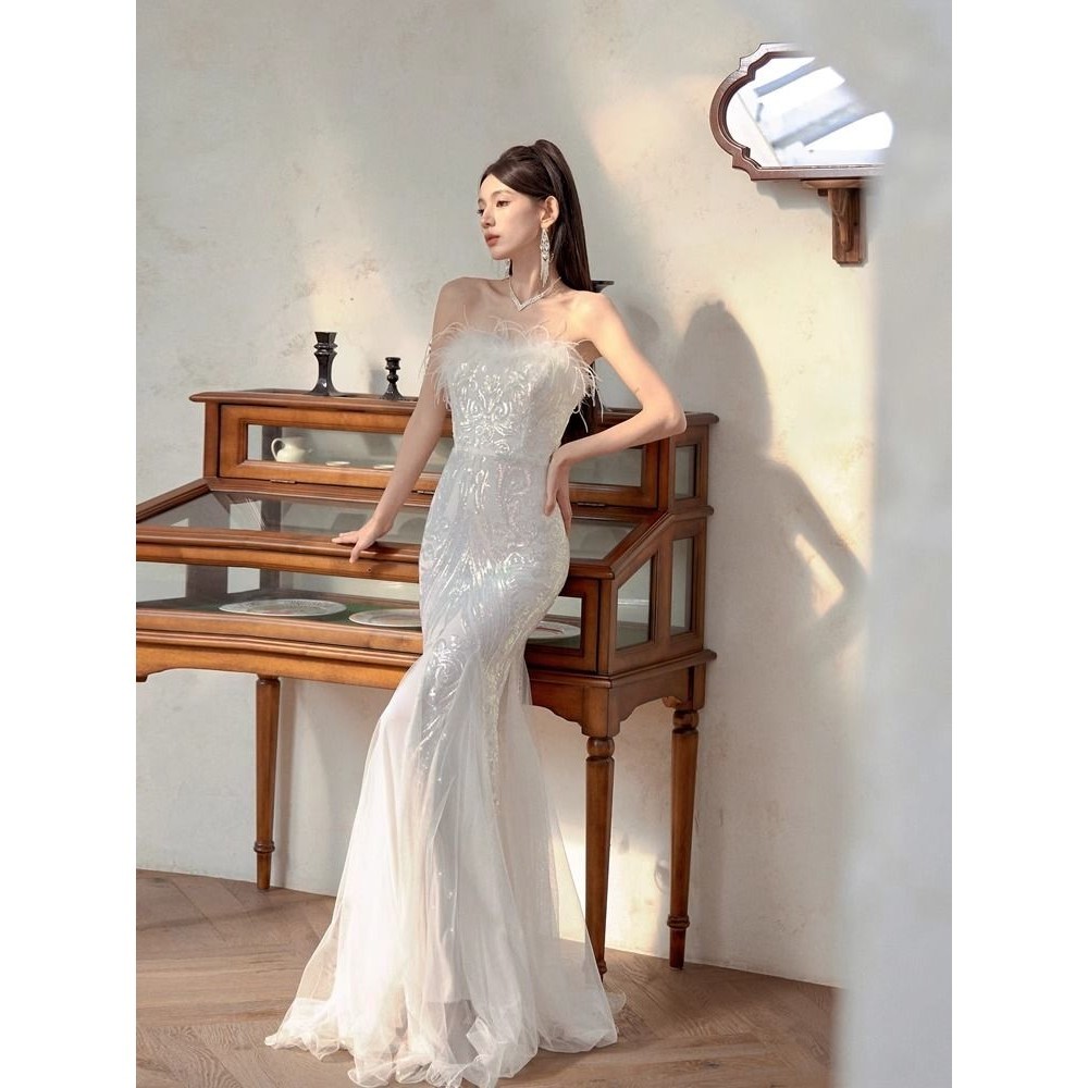 Tube Top Feather Evening Dress Fine Glitter White Fishtail Dress ...