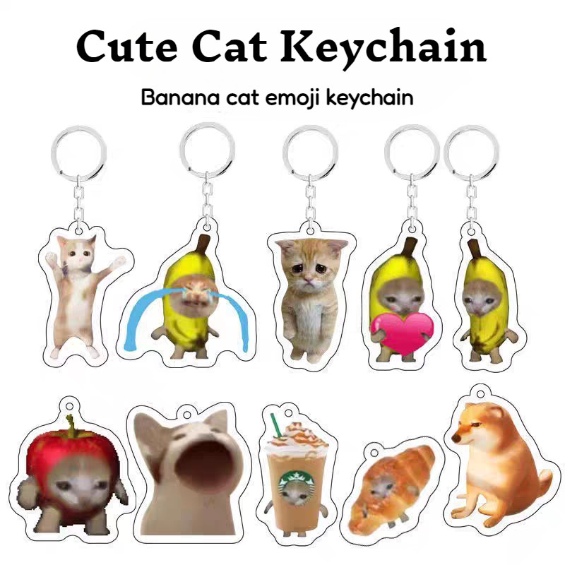 Funny Cute Crying Banana Cat Keychain Acrylic Cartoon Key Ring Backpack ...