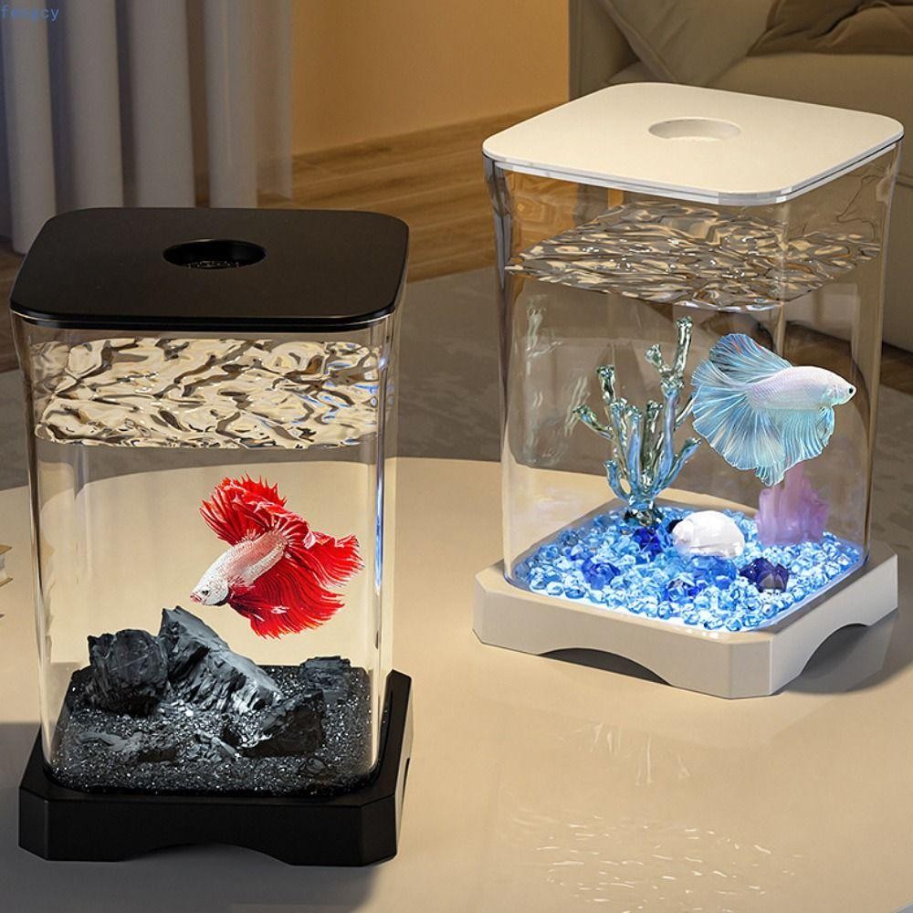 FENGCY Betta Fish Tank, Acrylic with Feeding Hole Desktop Fish Bowl ...