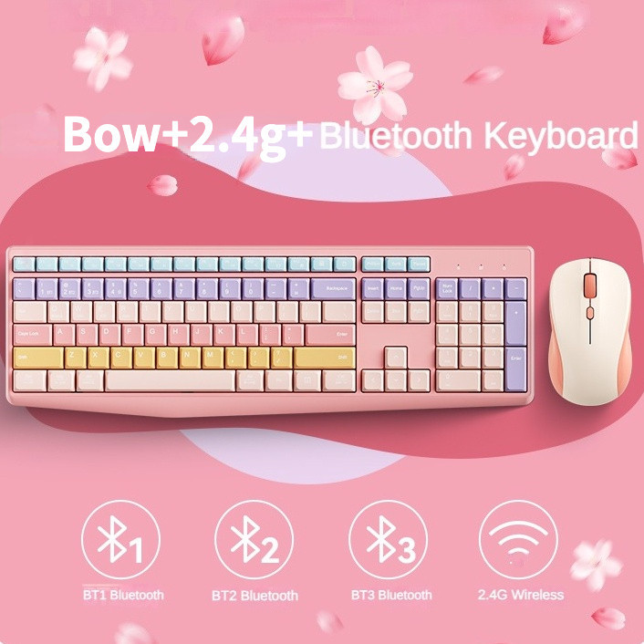 BOW Dual Mode 2.4g Wireless Three Bluetooth Pink Keyboard and Mouse Set ...